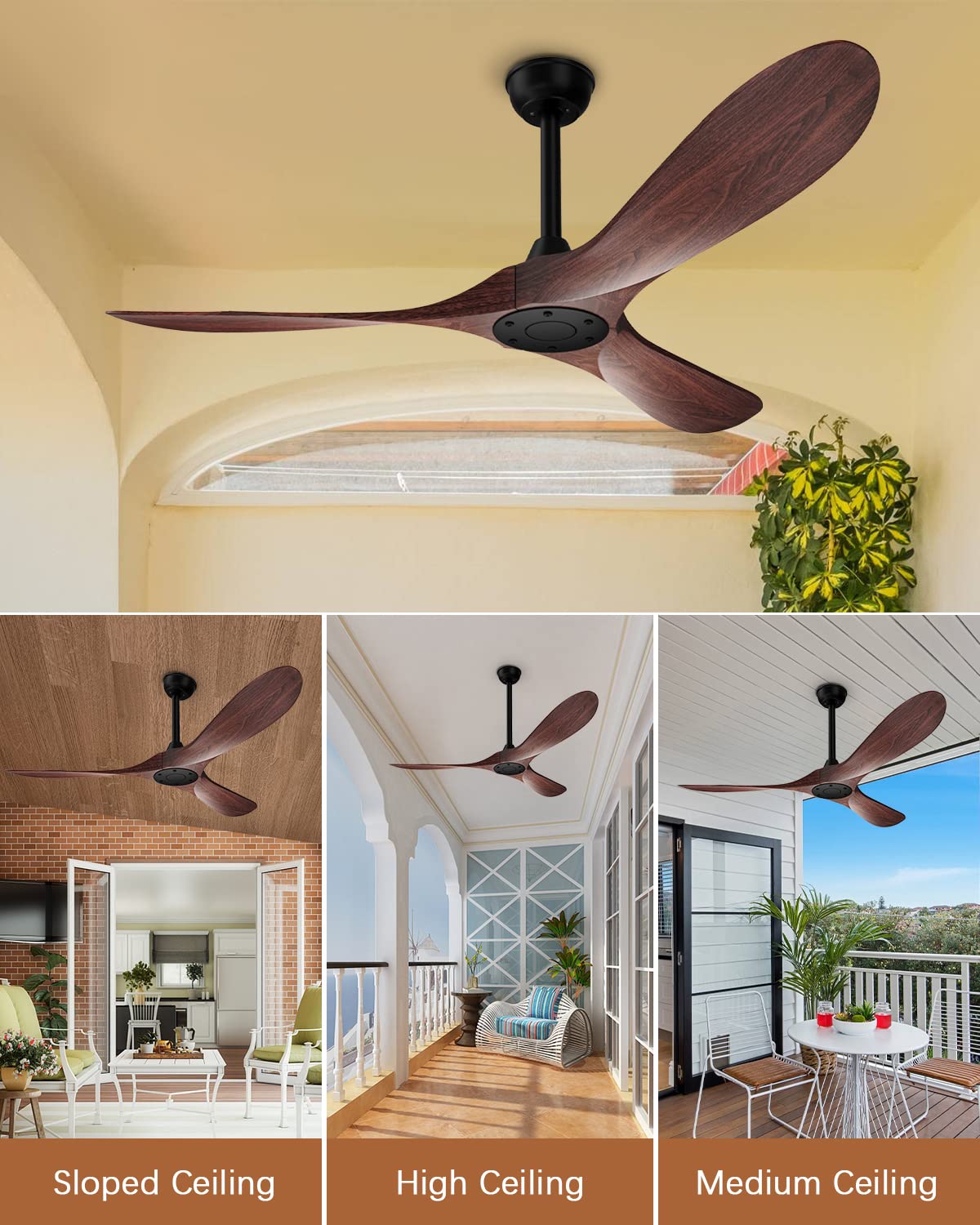KASASS Outdoor Ceiling Fan, 52 Inch Remote Control Ceiling Fan, Indoor Ceiling Fan,Modern Classic Ceiling Fan for Kitchen, Bedroom, Living Room, Farmhouse, Patio (Walnut Color)
