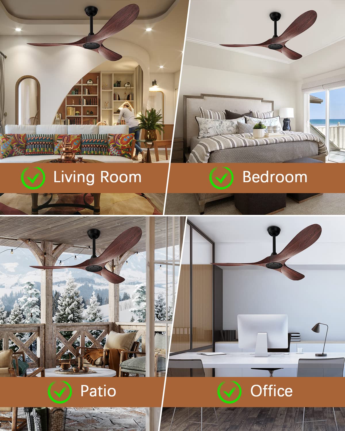KASASS Outdoor Ceiling Fan, 52 Inch Remote Control Ceiling Fan, Indoor Ceiling Fan,Modern Classic Ceiling Fan for Kitchen, Bedroom, Living Room, Farmhouse, Patio (Walnut Color)