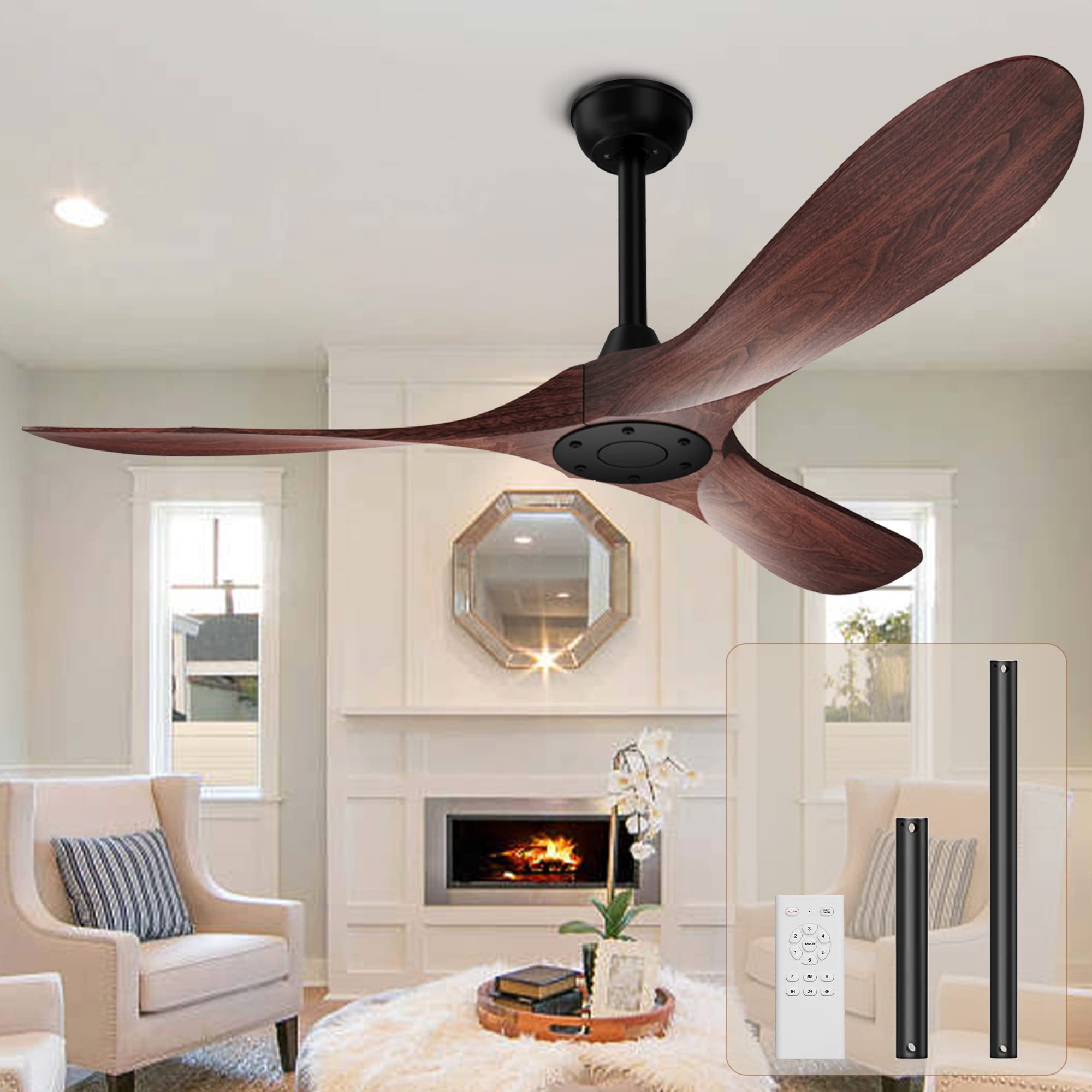 KASASS Outdoor Ceiling Fan, 52 Inch Remote Control Ceiling Fan, Indoor Ceiling Fan,Modern Classic Ceiling Fan for Kitchen, Bedroom, Living Room, Farmhouse, Patio (Walnut Color)