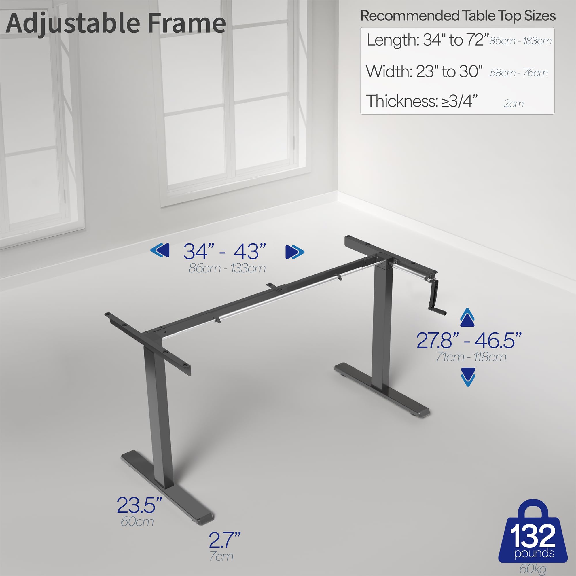 VIVO Black Manual Height Adjustable Stand Up Desk Frame with Hand Crank System, Ergonomic Standing 2 Leg Workstation, DESK-V101M