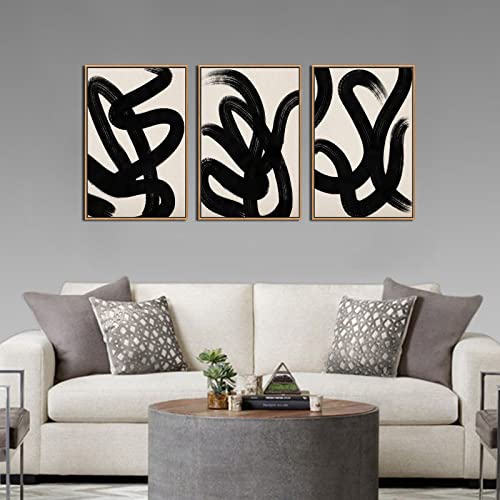 Framed Wall Art Canvas Set Abstract Lines Pictures Modern Mid Century Boho Wall Decor Minimalist Abstract Black Stroke Lines Canvas Painting Artwork Living Room Bedroom Home Office 16"x24"x3 Natural