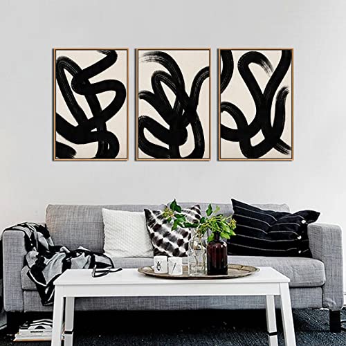 Framed Wall Art Canvas Set Abstract Lines Pictures Modern Mid Century Boho Wall Decor Minimalist Abstract Black Stroke Lines Canvas Painting Artwork Living Room Bedroom Home Office 16"x24"x3 Natural