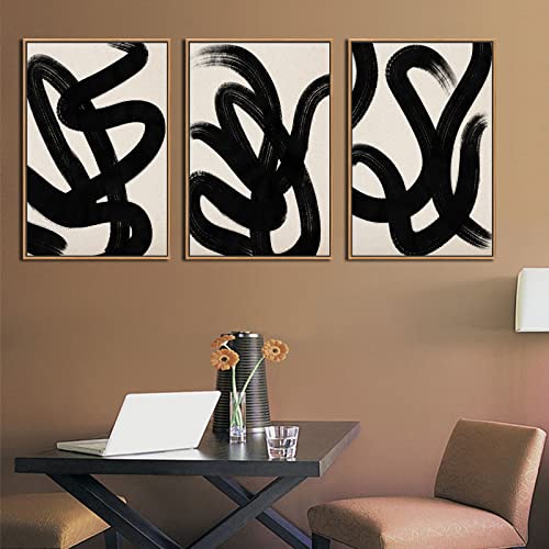 Framed Wall Art Canvas Set Abstract Lines Pictures Modern Mid Century Boho Wall Decor Minimalist Abstract Black Stroke Lines Canvas Painting Artwork Living Room Bedroom Home Office 16"x24"x3 Natural