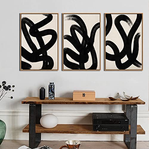 Framed Wall Art Canvas Set Abstract Lines Pictures Modern Mid Century Boho Wall Decor Minimalist Abstract Black Stroke Lines Canvas Painting Artwork Living Room Bedroom Home Office 16"x24"x3 Natural