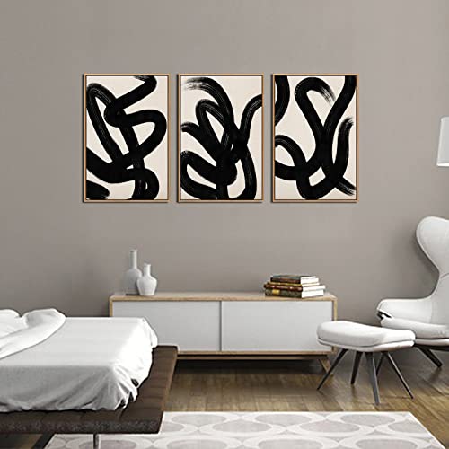 Framed Wall Art Canvas Set Abstract Lines Pictures Modern Mid Century Boho Wall Decor Minimalist Abstract Black Stroke Lines Canvas Painting Artwork Living Room Bedroom Home Office 16"x24"x3 Natural