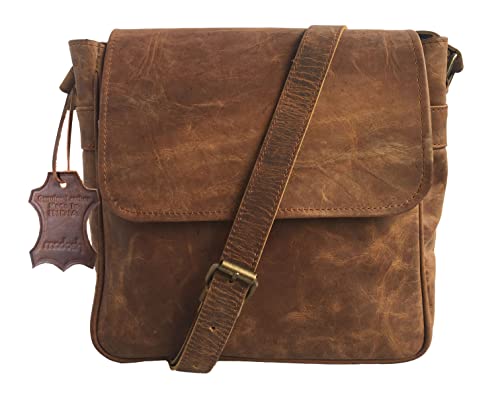 Madosh, Vintage Style Messenger Buffalo Leather Hunter Crossbody Ladies Brown Satchel Half Flap Shoulder Purse Office Work Bag