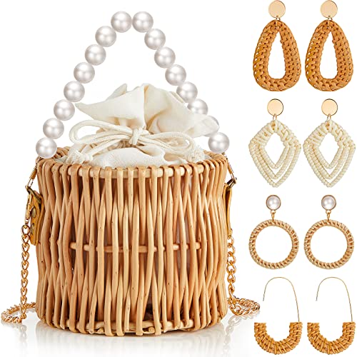 9 Pcs Women's Pearl Straw Bags Rattan Earrings Summer Beach Handbags Woven Wicker Bucket Tote Bag Straw Wicker Braid Hoop Drop Dangle Bohemian Earrings