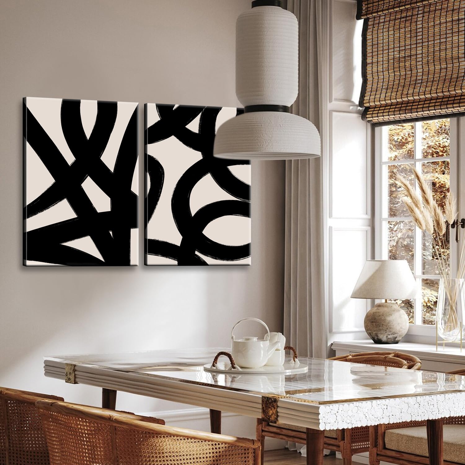 Framed Abstract Wall Art Canvas Set Lines Pictures Modern Mid Century Boho Wall Decor Minimalist Abstract Black Stroke Lines Canvas Painting Artwork Living Room Bedroom Home Office 16"x24"x2