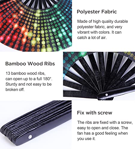 Gionforsy 2pcs Rave Hand Fan Bamboo Holding Hand Fan Large Folding Fan with Bright Color Fabric Folding Fan for Festival (Style-1)