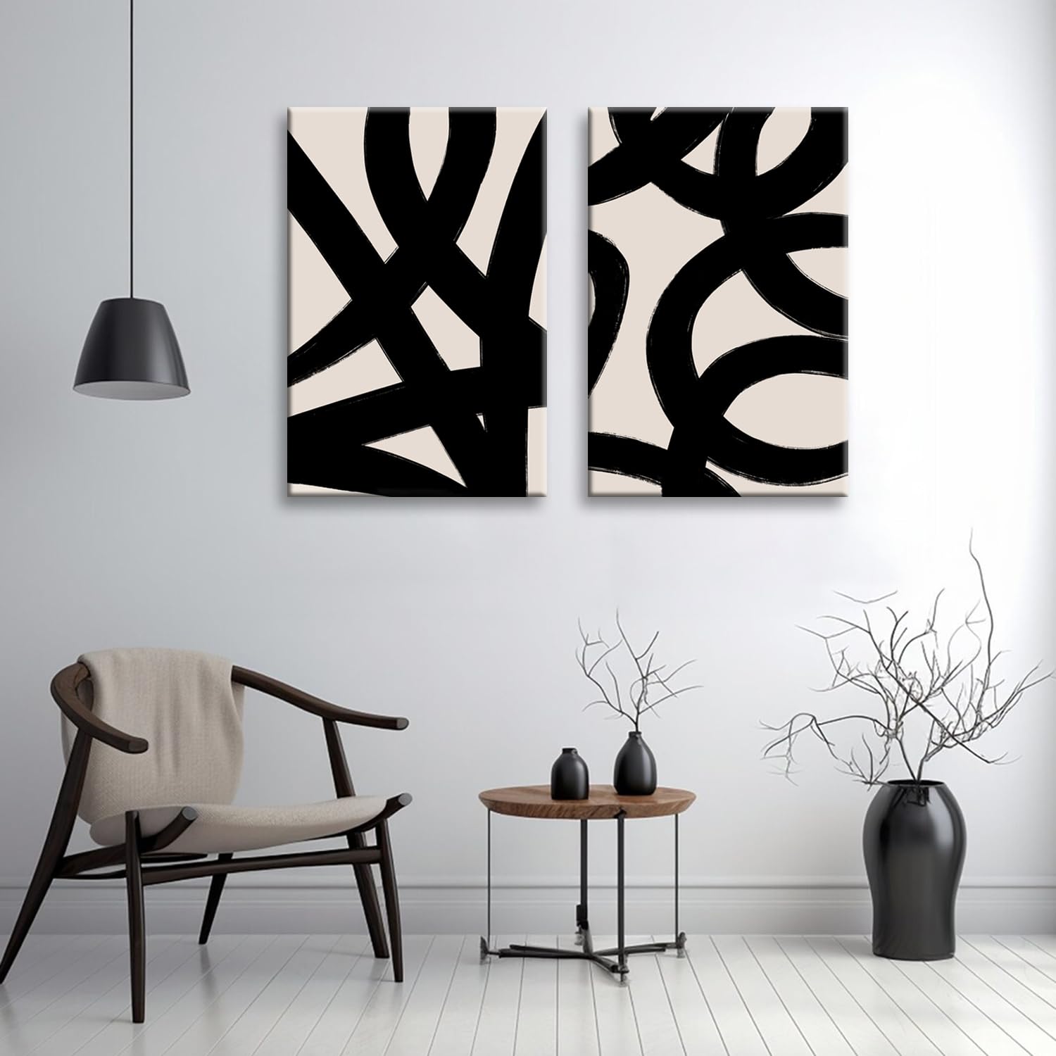 Framed Abstract Wall Art Canvas Set Lines Pictures Modern Mid Century Boho Wall Decor Minimalist Abstract Black Stroke Lines Canvas Painting Artwork Living Room Bedroom Home Office 16"x24"x2