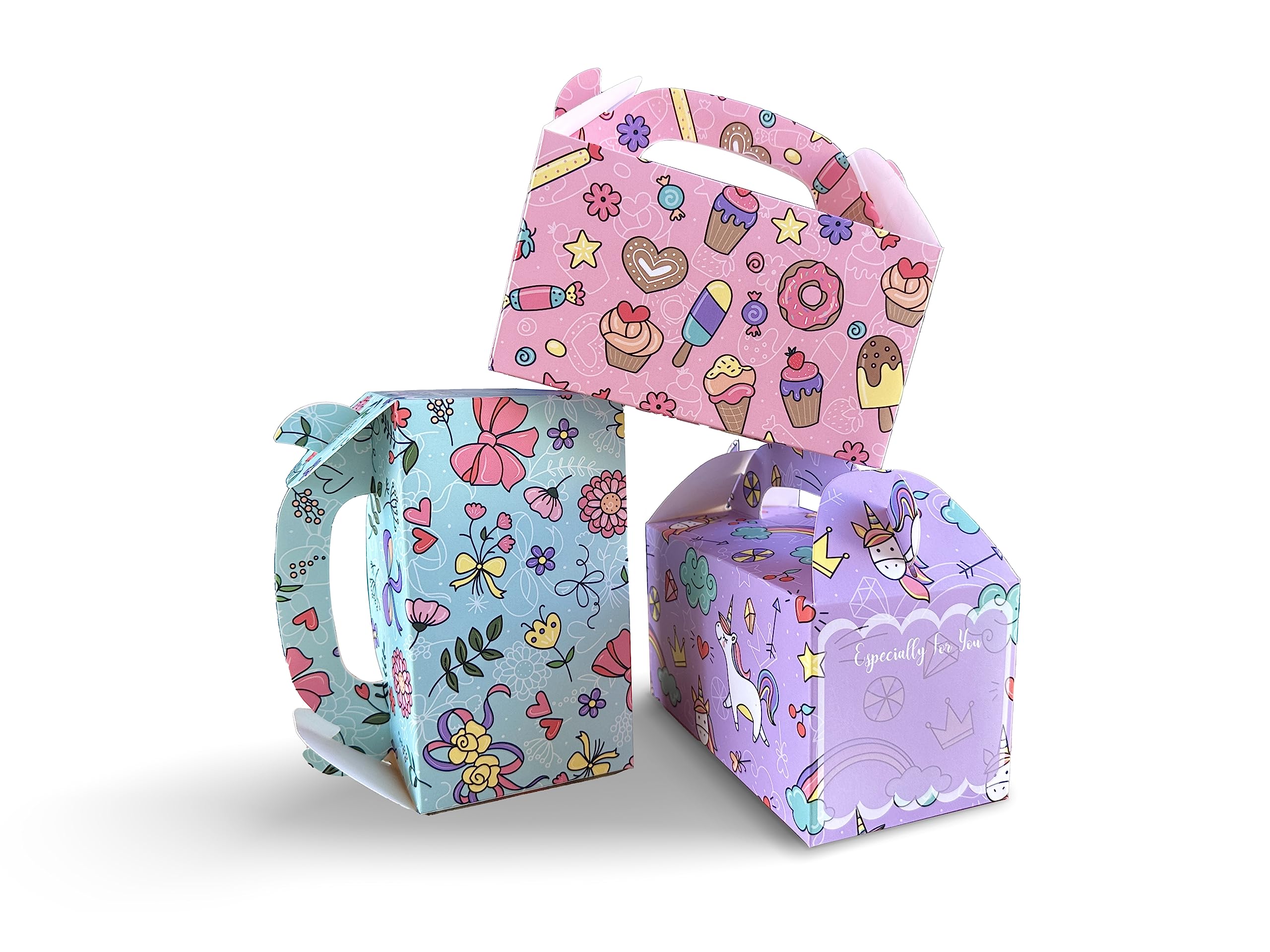 MintieJamie Handle Cardboard Treat Boxes 6.25 X 3.5 X 3.5 Inches, Pack of 12pcs Pastel Color Cute Birthday Boxes, Party Favor Gifting Gable Boxes