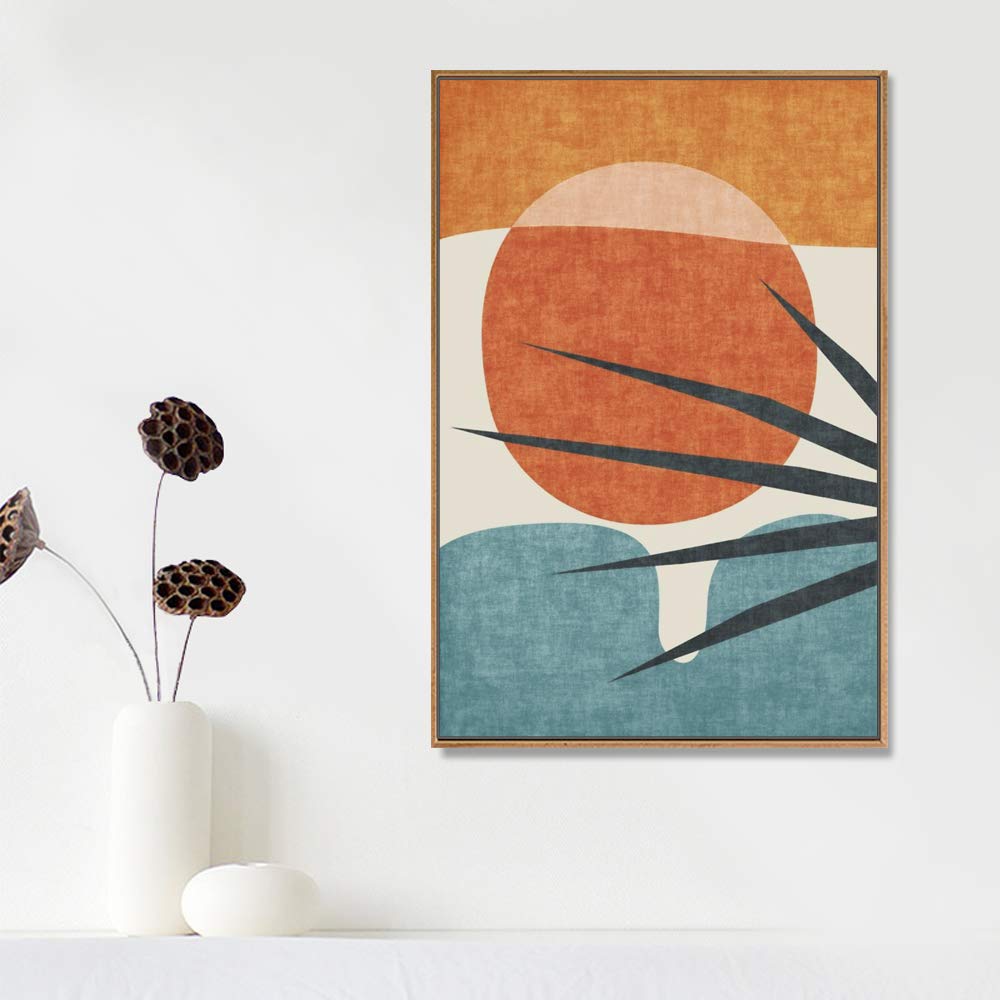 IDEA4WALL Framed Canvas Print Wall Art Abstract Blue Palm Tree & Red Sun Geometric Shapes Illustrations Modern Art Mid-Century Modern Ultra for Living Room, Bedroom, Office - 24"x36" Natural