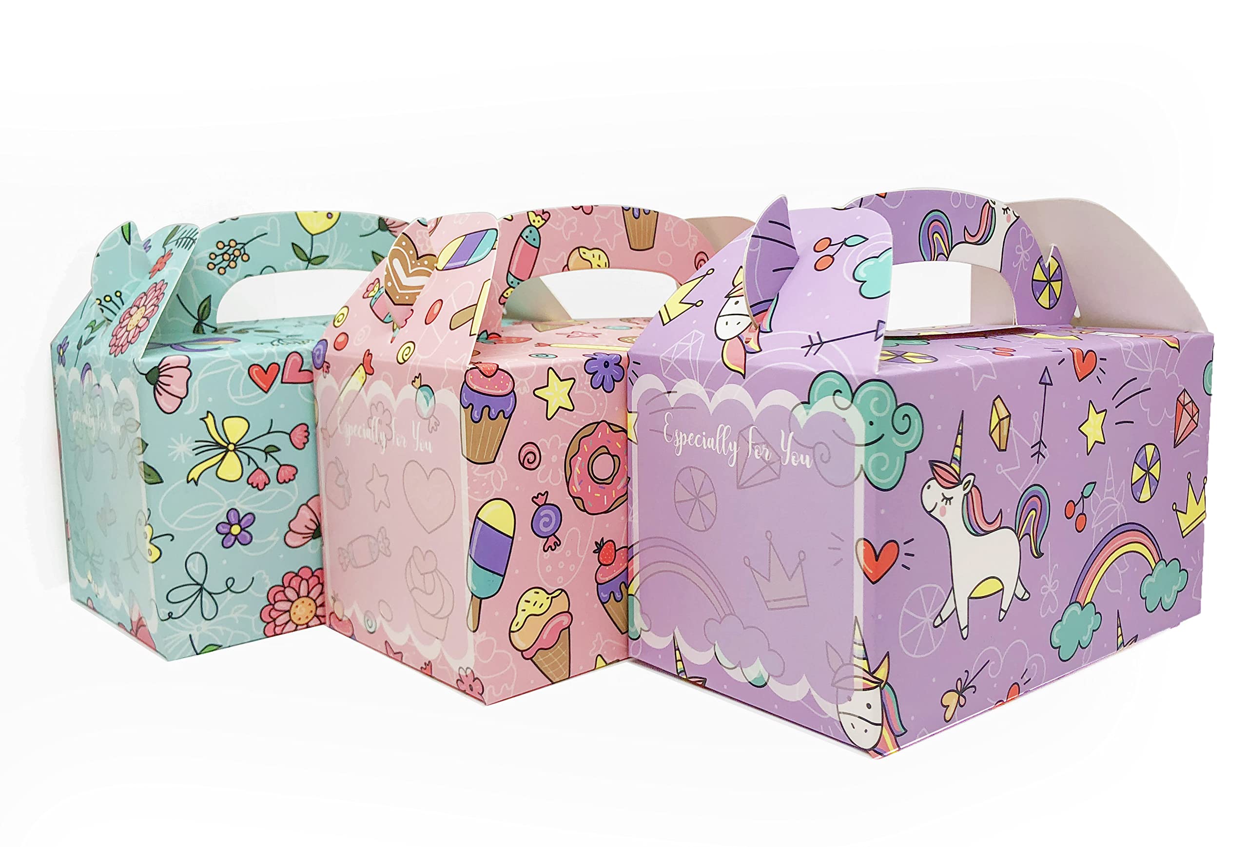 MintieJamie Handle Cardboard Treat Boxes 6.25 X 3.5 X 3.5 Inches, Pack of 12pcs Pastel Color Cute Birthday Boxes, Party Favor Gifting Gable Boxes