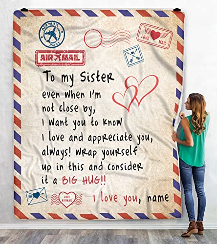 Personalized Air Mail Letter to My Sister Throw Blanket, Gift to My Big Sister from Little Brother,Customized Name,Gift to My Sister Blanket from Brother,Custom Blanket for Birthday, Christmas