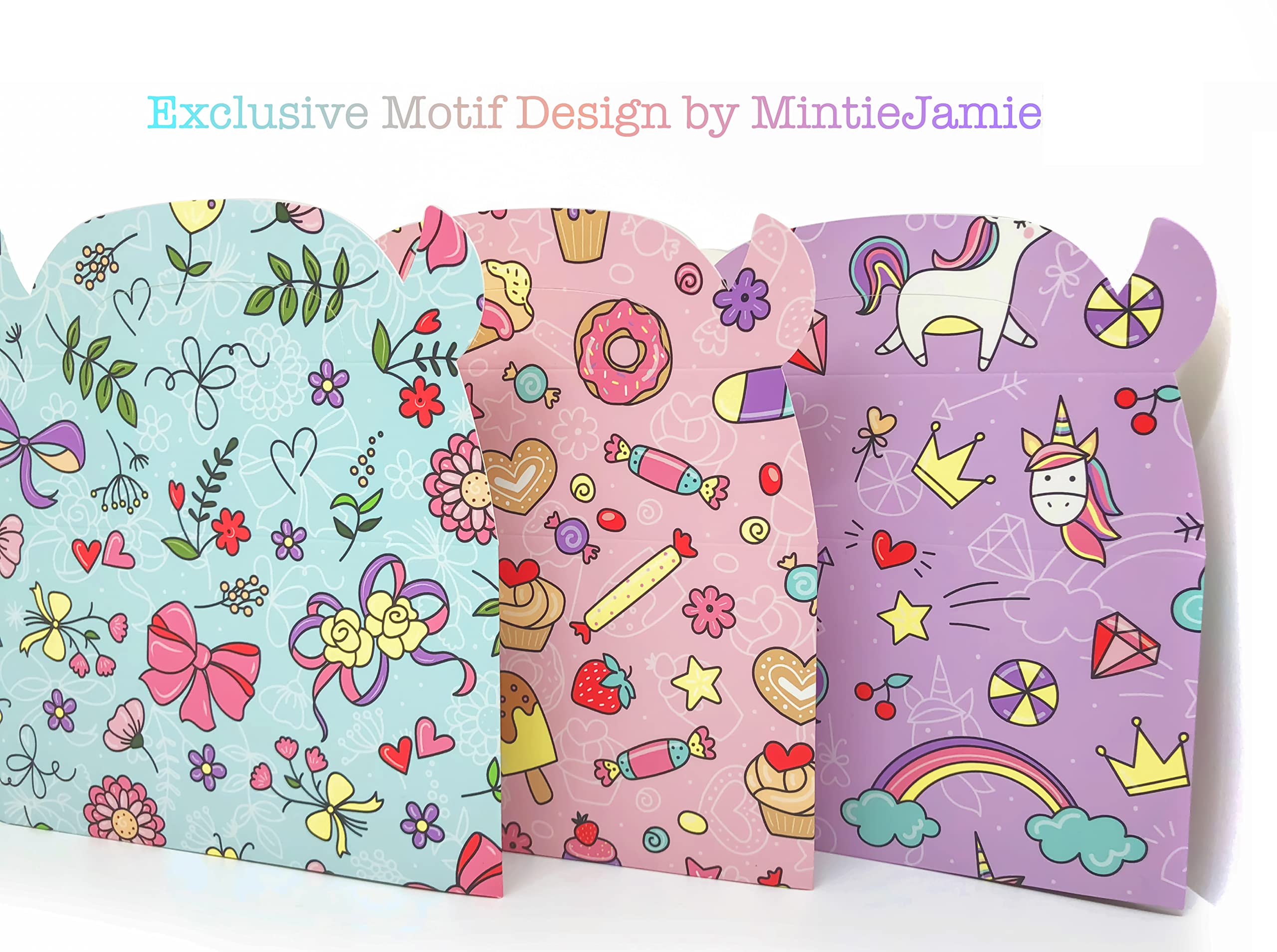 MintieJamie Handle Cardboard Treat Boxes 6.25 X 3.5 X 3.5 Inches, Pack of 12pcs Pastel Color Cute Birthday Boxes, Party Favor Gifting Gable Boxes