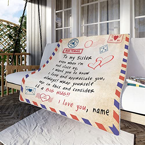 Personalized Air Mail Letter to My Sister Throw Blanket, Gift to My Big Sister from Little Brother,Customized Name,Gift to My Sister Blanket from Brother,Custom Blanket for Birthday, Christmas