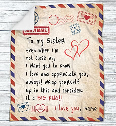 Personalized Air Mail Letter to My Sister Throw Blanket, Gift to My Big Sister from Little Brother,Customized Name,Gift to My Sister Blanket from Brother,Custom Blanket for Birthday, Christmas