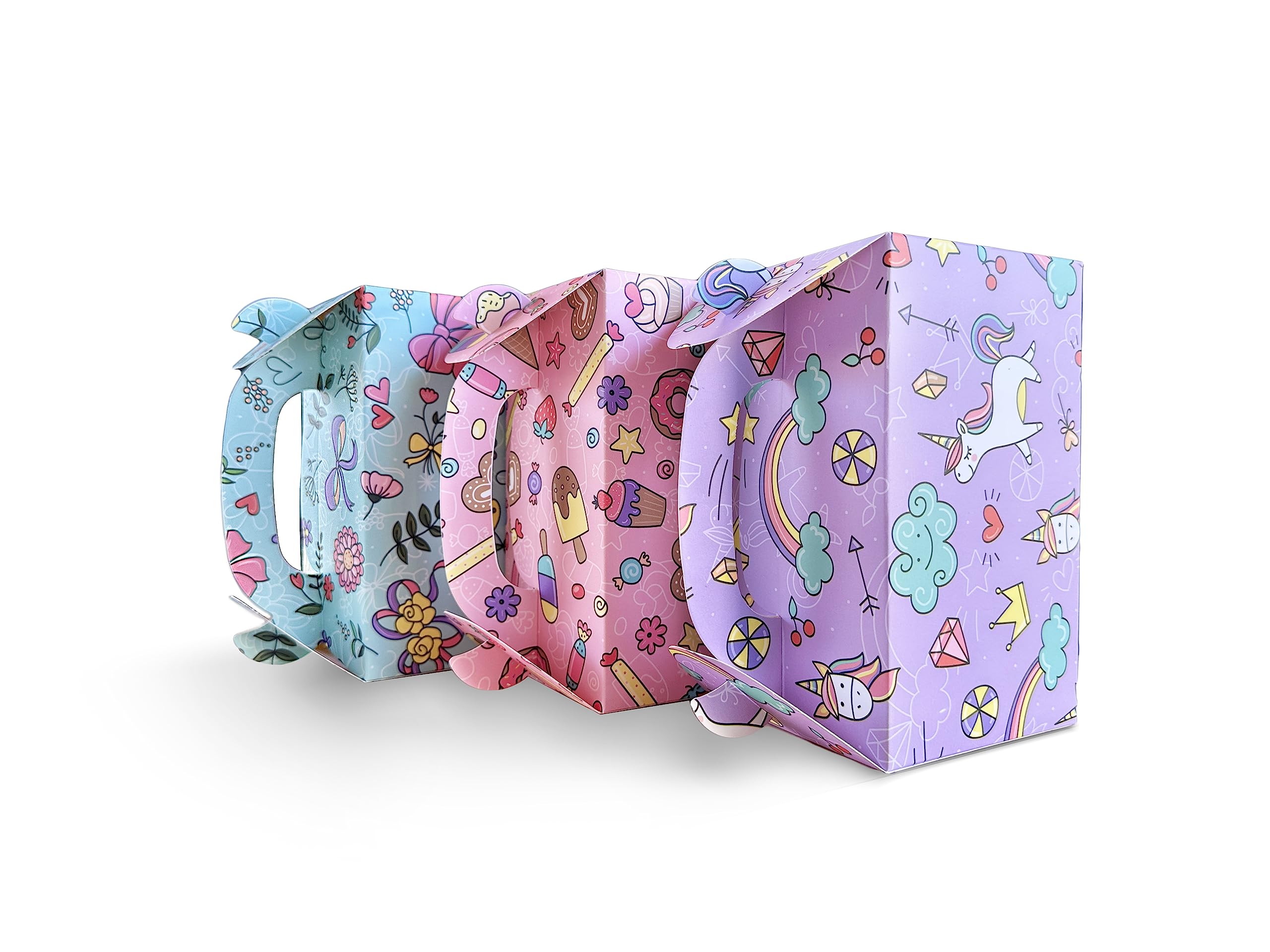MintieJamie Handle Cardboard Treat Boxes 6.25 X 3.5 X 3.5 Inches, Pack of 12pcs Pastel Color Cute Birthday Boxes, Party Favor Gifting Gable Boxes