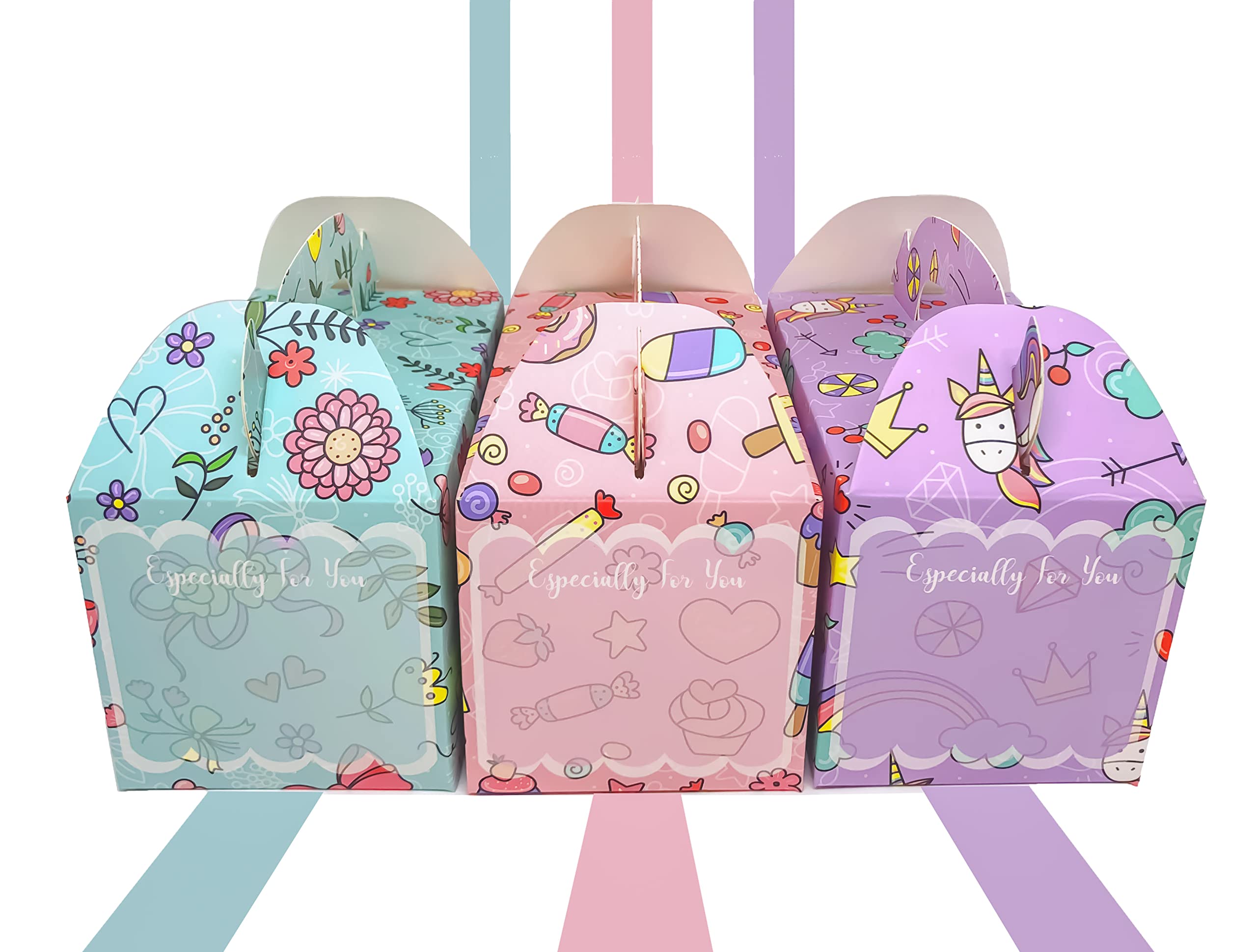 MintieJamie Handle Cardboard Treat Boxes 6.25 X 3.5 X 3.5 Inches, Pack of 12pcs Pastel Color Cute Birthday Boxes, Party Favor Gifting Gable Boxes