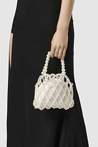 BABEYOND Women Pearl Clutch Purse - Bucket Beaded Bridal Evening Bag Formal Reticulated Bag with Inner Bag for Party Wedding