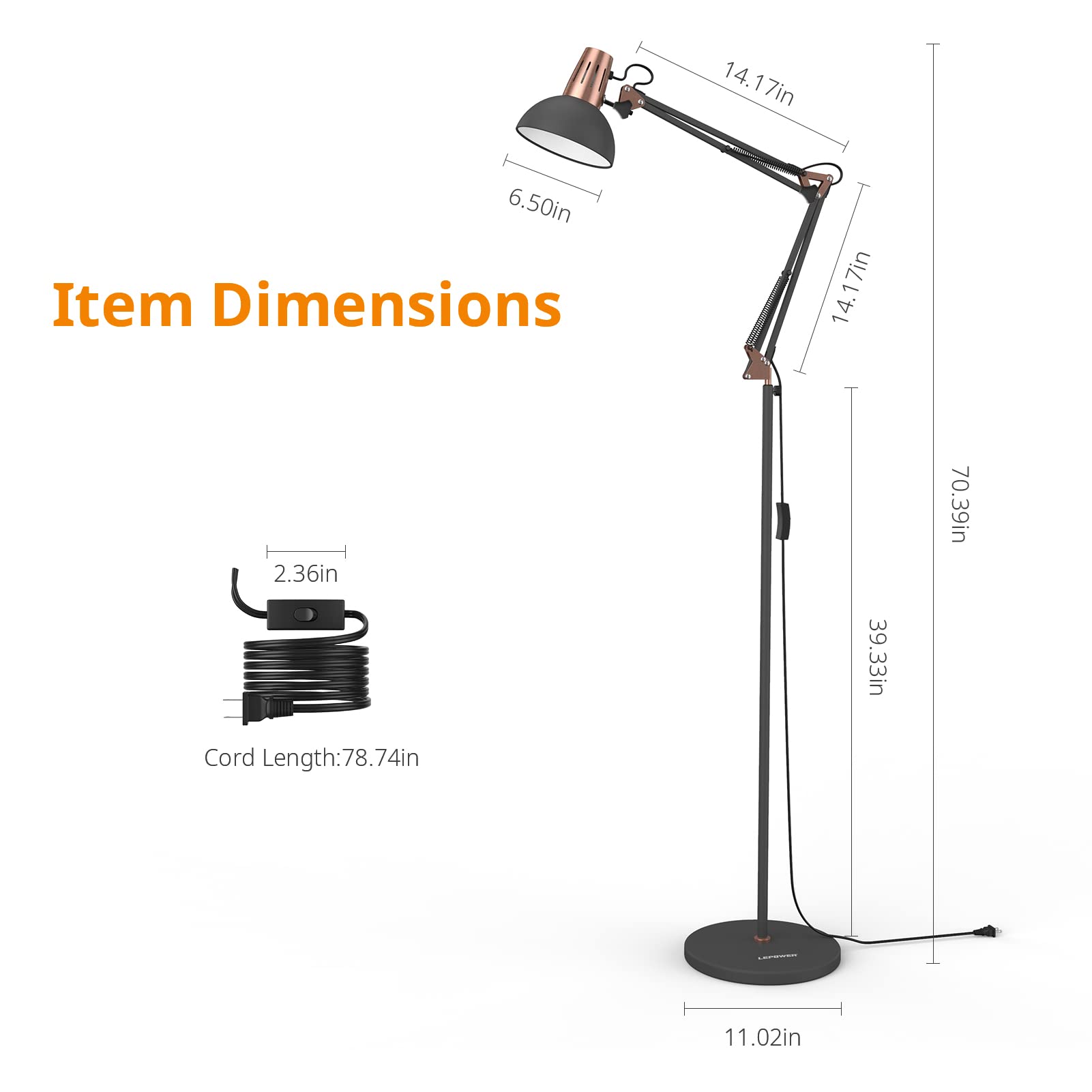 LEPOWER Metal Floor Lamp, Adjustable Architect Swing Arm Standing Lamp with Heavy Duty Base, Eye-Caring Reading/Drawing Lamp with On/Off Switch for Living Room, Bedroom, Study Room, Office