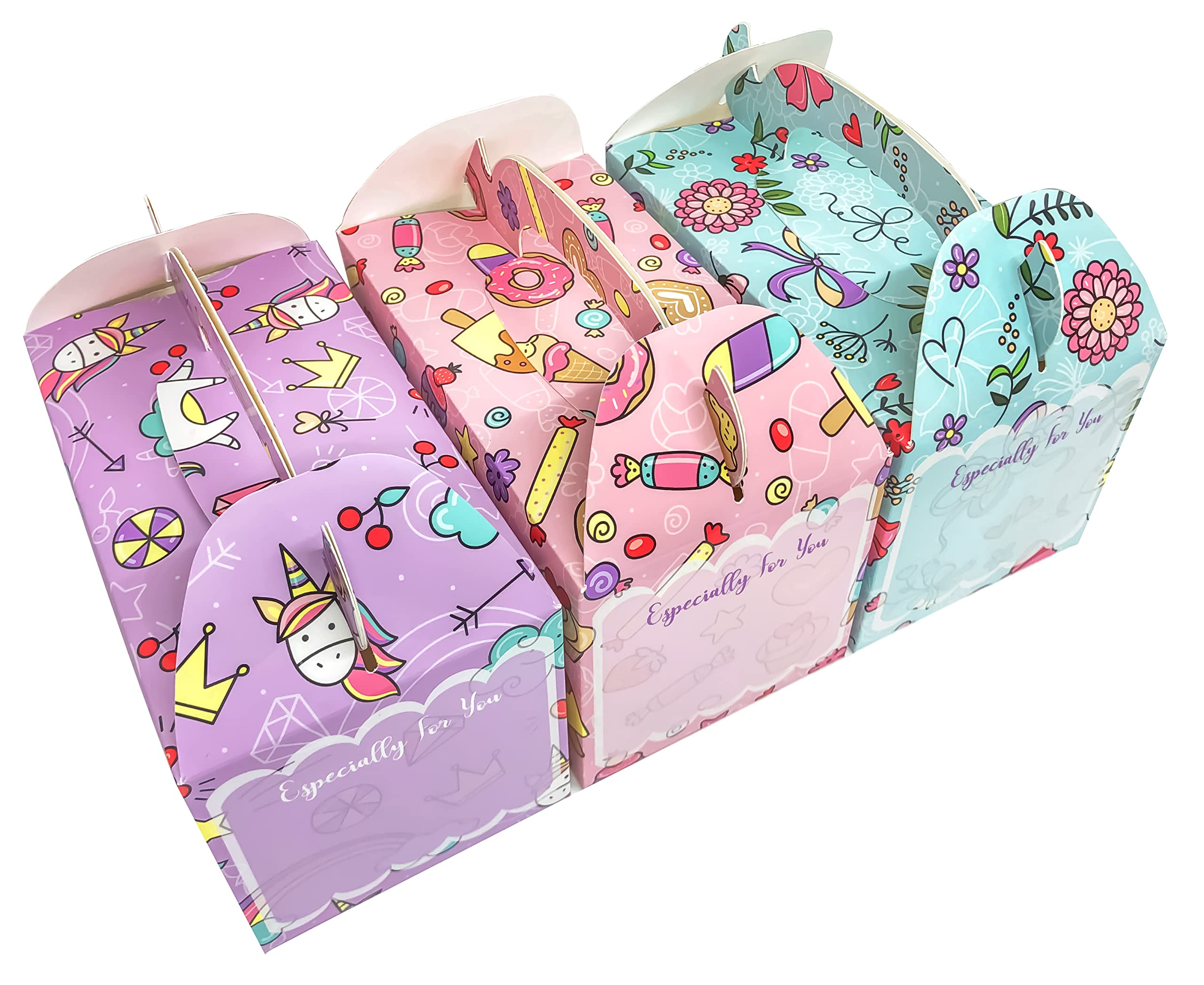 MintieJamie Handle Cardboard Treat Boxes 6.25 X 3.5 X 3.5 Inches, Pack of 12pcs Pastel Color Cute Birthday Boxes, Party Favor Gifting Gable Boxes