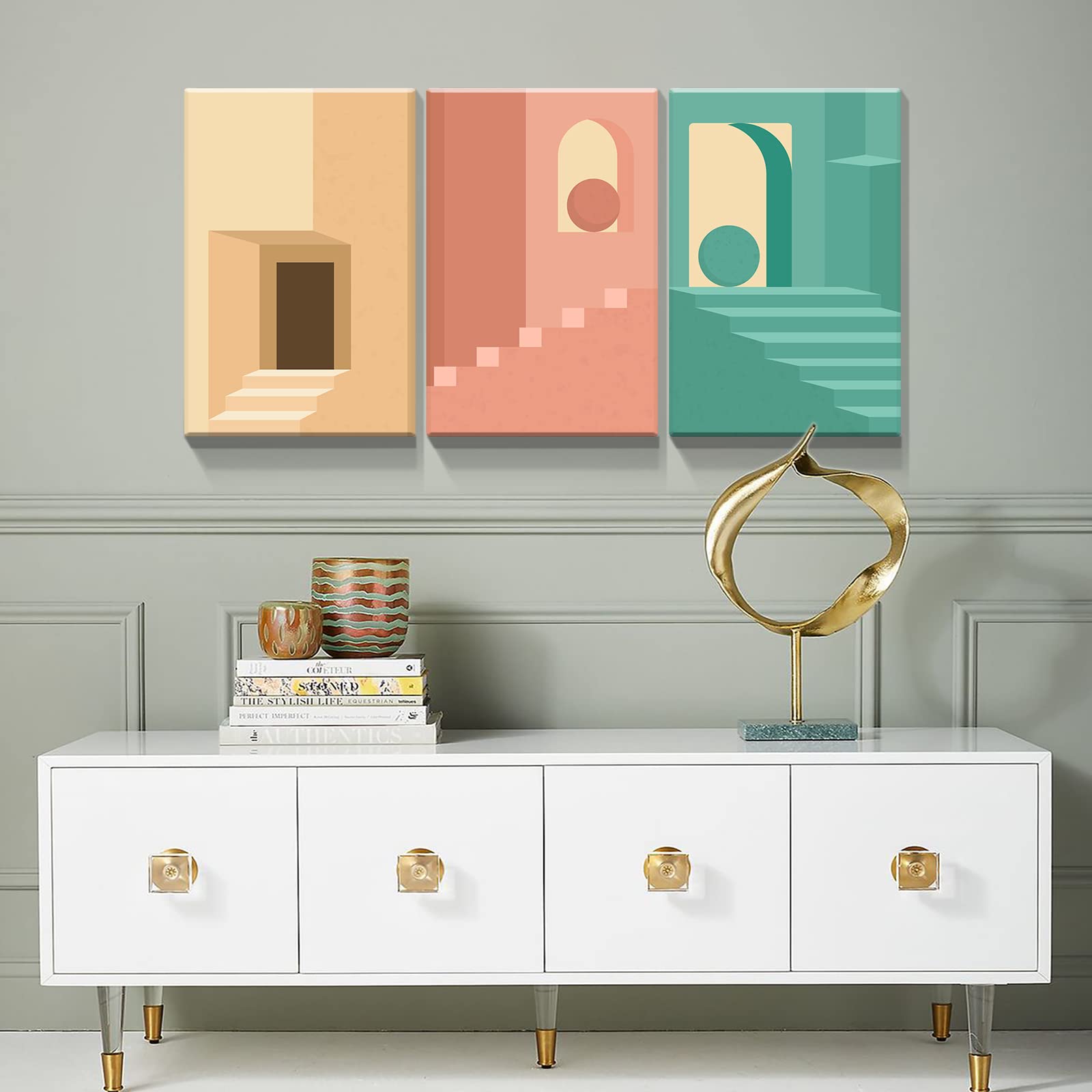 Denozer - Boho Wall Art Abstract Canvas Print Wall Art Set Mid-Century Modern Architecture Abstract Shapes Illustrations Minimalism Decorative Contemporary for Living Room, Office - 30"x40"x3 Pieces