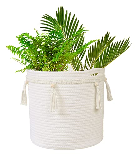 Boho Basket with Cute Macrame Woven Tassel, Cotton Rope Storage Bins Organizer for Boho Room Decor,Bedroom Decor,Plant Basket 11"X11"