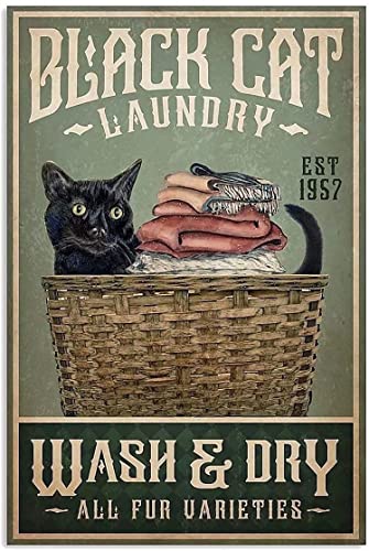 Black Cat Metal Tin Sign Black Cat Laundry Funny Poster Cafe Bar Living Room Bathroom Kitchen Home Art Wall Decoration Plaque Gift