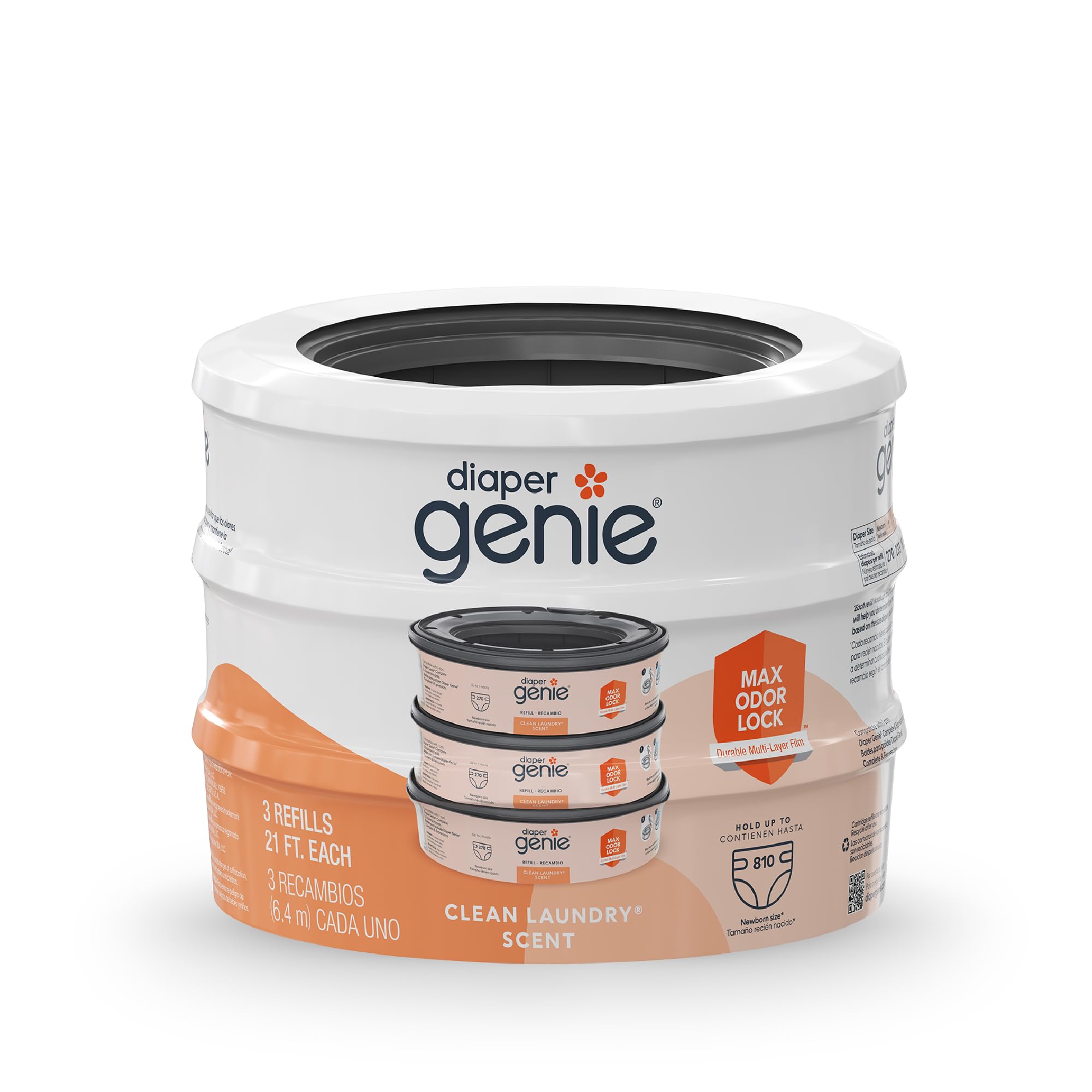 Diaper Genie Bags Refills 270 (Pack of 3) Clean Laundry Scent | Diaper Pail Refills with Max Odor Lock | Holds up to 810 Newborn Diapers