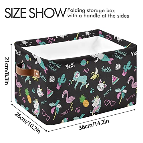 Large Foldable Storage Basket Unicorn Flamingo Toucan Cat Storage Bin Canvas Toys Box Fabric Decorative Collapsible Organizer Bag with Handles for Bedroom Home