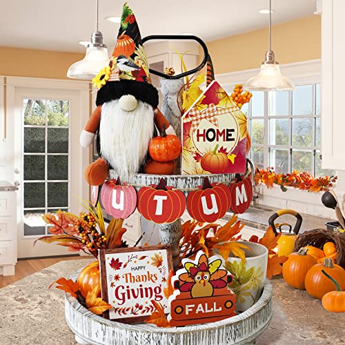 Thanksgiving Decorations, Fall Thanksgiving Tiered Tray Decor Bundle , Thanksgiving Gnome Plush,Fall Wood Signs for Fall Harvest , Thanksgiving Day, Autumn Home and Office Decor -(Tray Not Included)