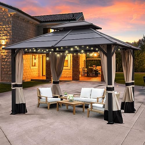 Hardtop Gazebo 10x12 - Outdoor Gazebo with Netting and Curtains, Double Metal Roof Gazebo Aluminum Frame for All Weather, 10 x 12 Gazebo Perfect for Backyard, Deck, Hot Tub, Patio Lawn Garden Poolside