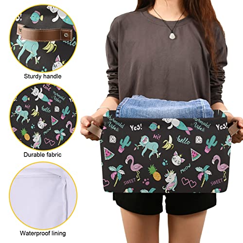Large Foldable Storage Basket Unicorn Flamingo Toucan Cat Storage Bin Canvas Toys Box Fabric Decorative Collapsible Organizer Bag with Handles for Bedroom Home