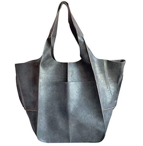 Oversized Soft Leather Shoulder Bag Foldable Hobo Bag Weekend Travel Tote (Grey)