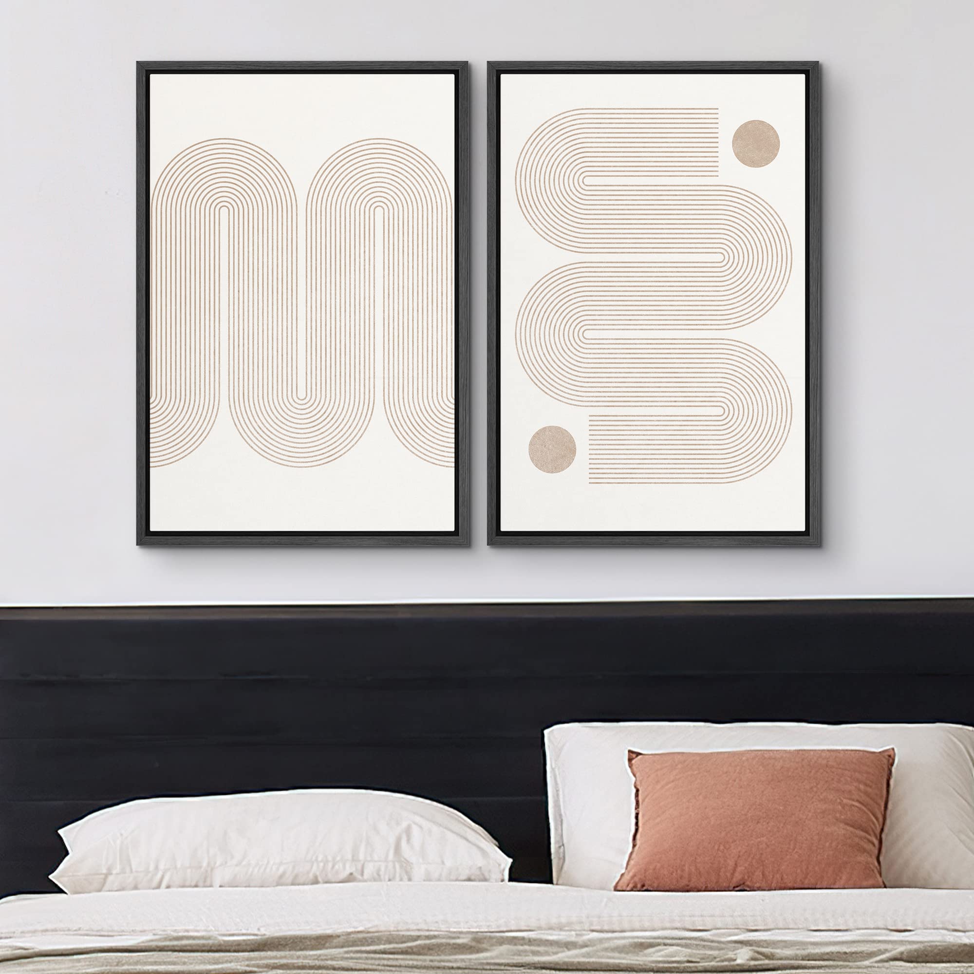 MUDECOR Framed Canvas Print Wall Art Set Pastel Tan Geometric Wave Polygons Abstract Shapes Illustrations Modern Art Decorative Contemporary for Living Room, Bedroom, Office - 16"x24"x2 Black