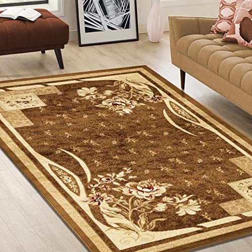 Indoor Large Area Rug with Jute Backing, Great for Entryway, Living Room, Kitchen, Dorm, Bedroom, Hallway, Perfect for Hardwood Floors, Vintage Floral, 5' x 8', Mocha by Blue Nile Mills