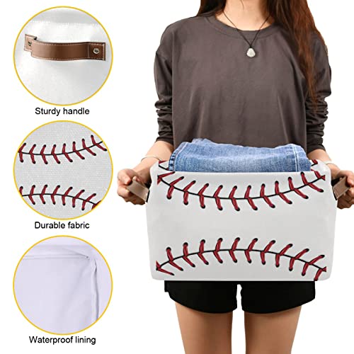 Softball Baseball Lace Rectangular Storage Basket Storage Bin Collapsible Storage Box with Leather Handles Empty Gift Baskets Organizer for Office, Office