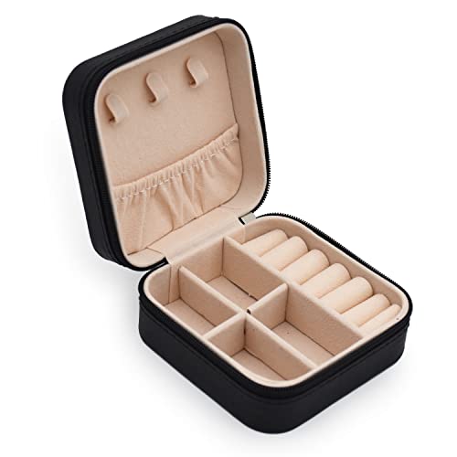 MODENGKONGJIAN Mini Jewelry Travel Case, PU Leather Travel Jewelry Organizer Box, Small Portable Portable Jewellery Storage Holder for Womens Rings Earrings Necklaces Bracelets (Black)