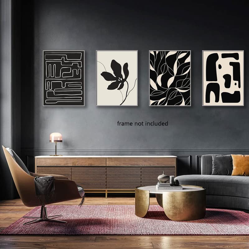EASSYGIFI Mid Century Modern Wall Decor,Abstract Minimalist Wall Art,Modern Art Wall Decor,Neutral Canvas Painting,Modern Art Gallery Wall Decor, Black And White Home Decor 12X16 Inch 4Pcs (No Frame)