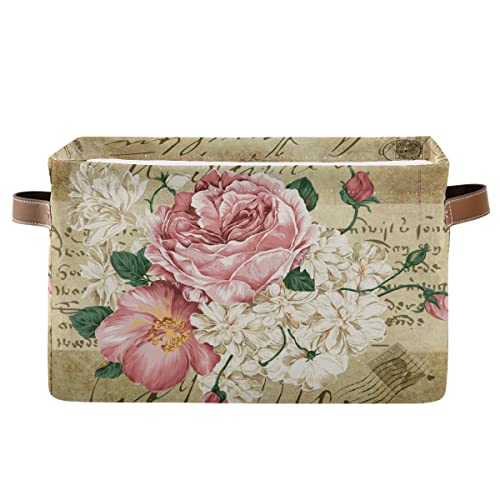 Bolaz Shabby Chic Pink Rose Square Storage Basket Storage Bins Canvas Storage Organizer Closet Shelf Organizer for Home Office, 1 Pc, one sizex1, B06D20006