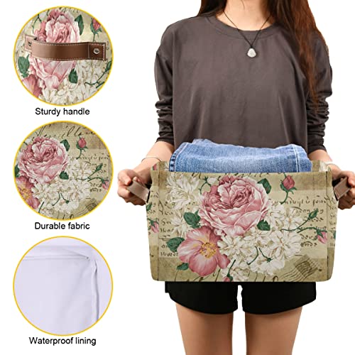 Bolaz Shabby Chic Pink Rose Square Storage Basket Storage Bins Canvas Storage Organizer Closet Shelf Organizer for Home Office, 1 Pc, one sizex1, B06D20006