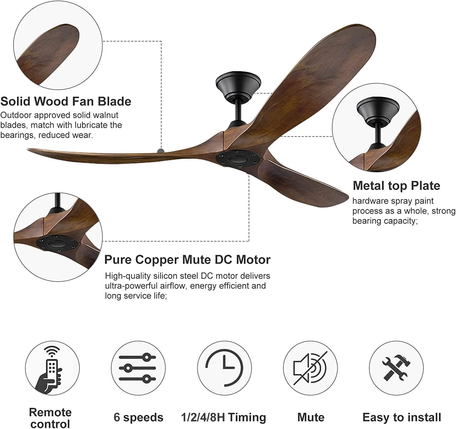 60 Inch Outdoor Ceiling Fans without Lights, 3 Blade Propeller Ceiling Fan No Light with Remote Solid Wood Ceiling Fan Large, Modern Farmhouse Ceiling Fan for Patio Exterior High Low Sloped Ceiling