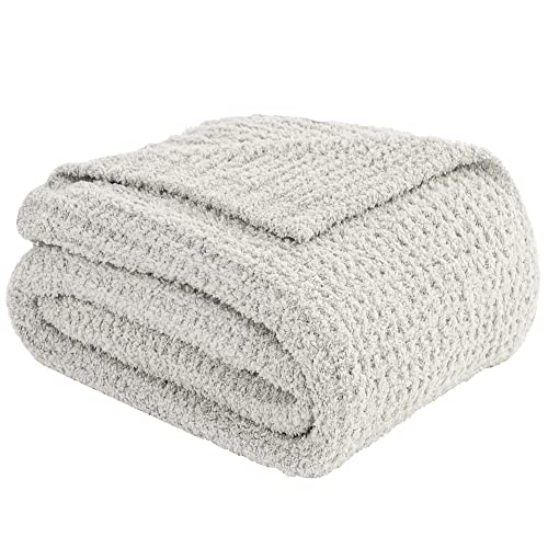 RECYCO Super Soft Throw Blankets for Bed, Warm Cozy Knit Blanket Lightweight Fluffy Throw Blanket for Couch Sofa Chair Living Room, Light Grey, 60x80 Inches, Laundry Bag Included