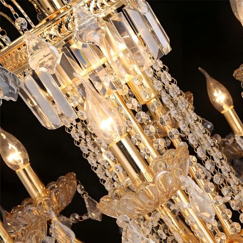 Modern Suspension Lamp for Living Room,Traditional Crystal Candle Cascade Chandeliers with Golden Finish,Rain Drop Chandelier Luxury 14/20 Light Ceiling Light Fixture (Color : 31.5in)