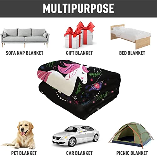 YISUMEI Unicorn Black Throw Blanket Leaves Stars Firework Fleece Blanket Soft Warm Cozy for Sofa Couch Bed 50"x60"