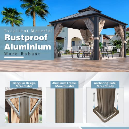 MELLCOM 12'x12' Hardtop Gazebo, Galvanized Steel Metal Double Roof Canopy Curtains and Netting, Outdoor Permanent Canopy Gazebos with Aluminum Frames for Patios, Gardens, Lawns