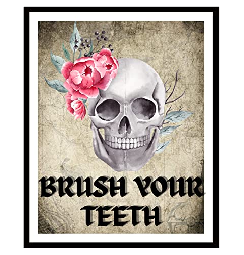 Roxbury Row Goth Bathroom Decor | Skeleton Decor, Skull Decor | Funny Bathroom Signs, Floral Skull Bathroom Decor Sets | Halloween Bathroom Decor Set (Unframed Prints) (Set of 3: Wash/Brush/Flush)