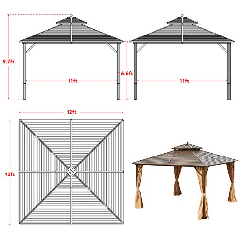 MELLCOM 12'x12' Hardtop Gazebo, Galvanized Steel Metal Double Roof Canopy Curtains and Netting, Outdoor Permanent Canopy Gazebos with Aluminum Frames for Patios, Gardens, Lawns
