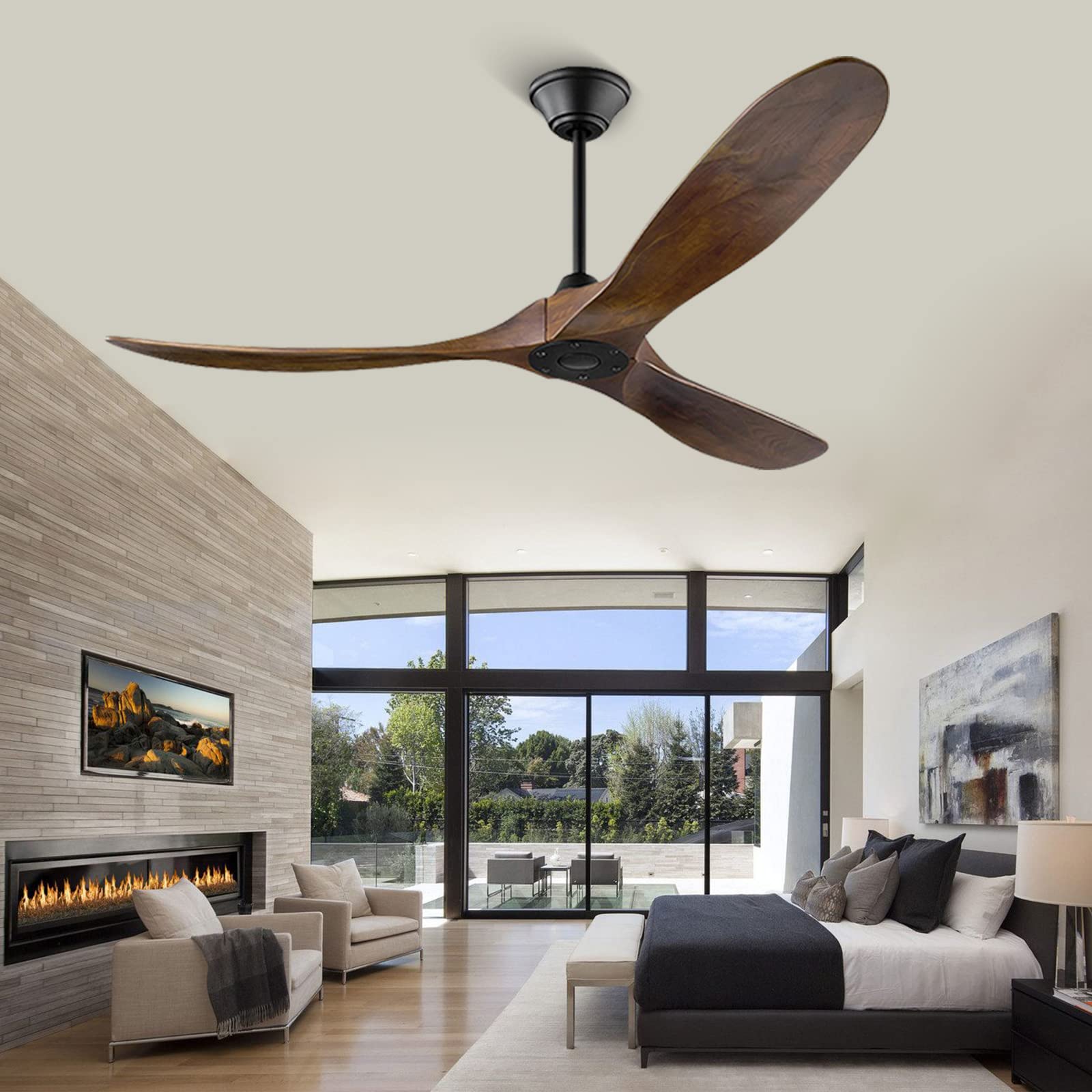 60 Inch Outdoor Ceiling Fans without Lights, 3 Blade Propeller Ceiling Fan No Light with Remote Solid Wood Ceiling Fan Large, Modern Farmhouse Ceiling Fan for Patio Exterior High Low Sloped Ceiling